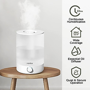 Roto Top Fill Humidifiers for Bedroom, Cool Mist Ultrasonic Quiet Humidifier with Essential Oil Diffuser, Last Up to 22 Hours, Auto Off, Adjustable Output Mist & 360° Rotation Nozzle - 2.5L