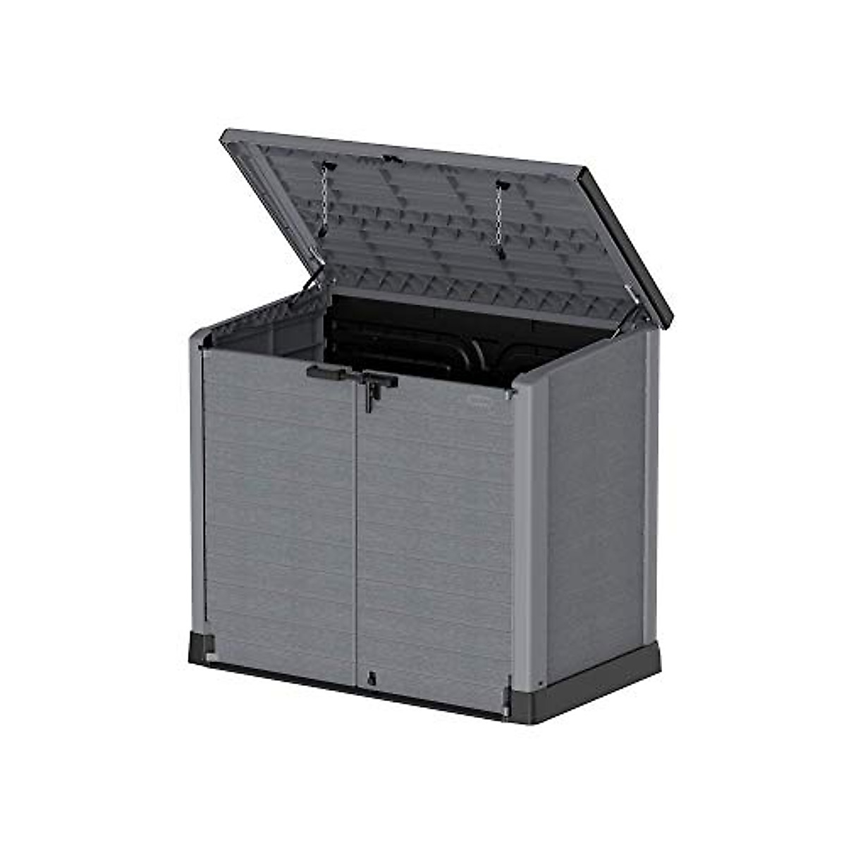 Duramax Cedargrain StoreAway 1200L Plastic Garden Storage Shed/Flat Lid - Outdoor Storage Bike Shed – Durable & Strong Construction– Ideal for Tools, Bikes, BBQs & 2X 240L Bins, 145x85x125 cm, Grey