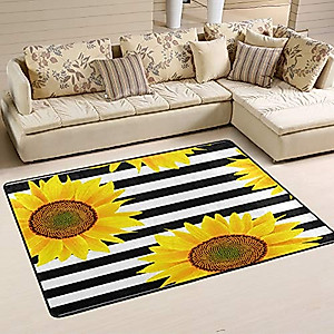 AGONA Modern Area Rug 2x3 Sunflowers On Striped Black White Rugs Soft Indoor Floor Carpet, No-Shedding Non-Slip Rectangle Mat for Living Room Entryway Bedroom Dormitory