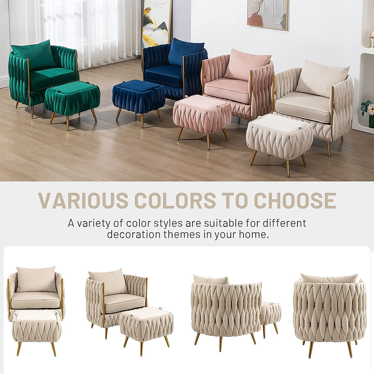 NIOIIKIT Modern Velvet Accent Chair with Storage Ottoman, Upholstered Hand Woven Lounge Chair with Pillow, Luxury Armchair, Vanity Chair for Living Room, Bedroom, Office (Beige)