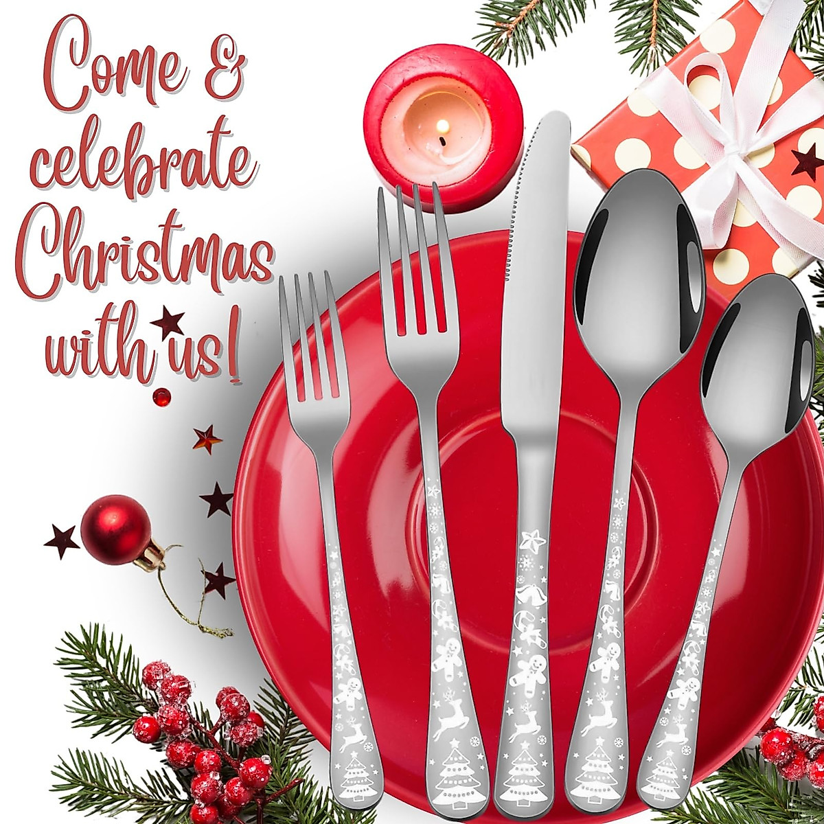 Vilihkc 20 Piece Stainless Steel Christmas Style Silverware Set Flatware Set Kitchen Utensil Set Service for 4 Tableware Cutlery Set for Home and Restaurant Dishwasher Safe