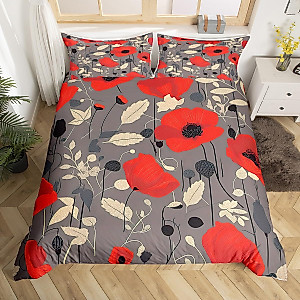 Feelyou Poppy Flower Bedding Set Queen Size Kids Garden Floral Bltanical Comforter Cover Set for Boys Girls Teens Red Poppy Leaves Duvet Cover Dark Grey Bedspread Cover (No Comforter)