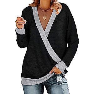 Janepam Womens Tops Shirt Long Sleeve Crossover Solid Color Plain Patchwork Plus Size V-Neck Loose Blouse(B Black,3XL)