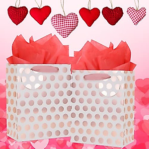 UNIQOOO 12PCS Christmas Metallic Rose Gold Gift Bags Bulk with Tag, Medium 9x7 Inch, Modern Pink Polka Dots Foil Paper Wrap Bags, for Wedding, Birthday, Valentine's Day, Mother's Day Gift Packaging Décor Party Favor