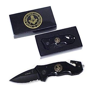 Virtus Iunxit Mors Non Separabit Square & Compass Masonic Folding Pocket Knife - [Black & Gold]