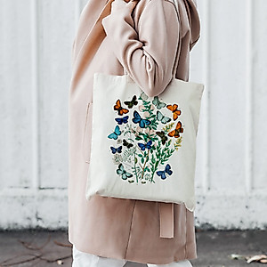 BeeGreen Colorful Butterflies Aesthetic Canvas Tote Bag Large Capacity 12 oz Tote Bag Portable Washable for Women Grocery Shopping Gift Bag for Mom Friends