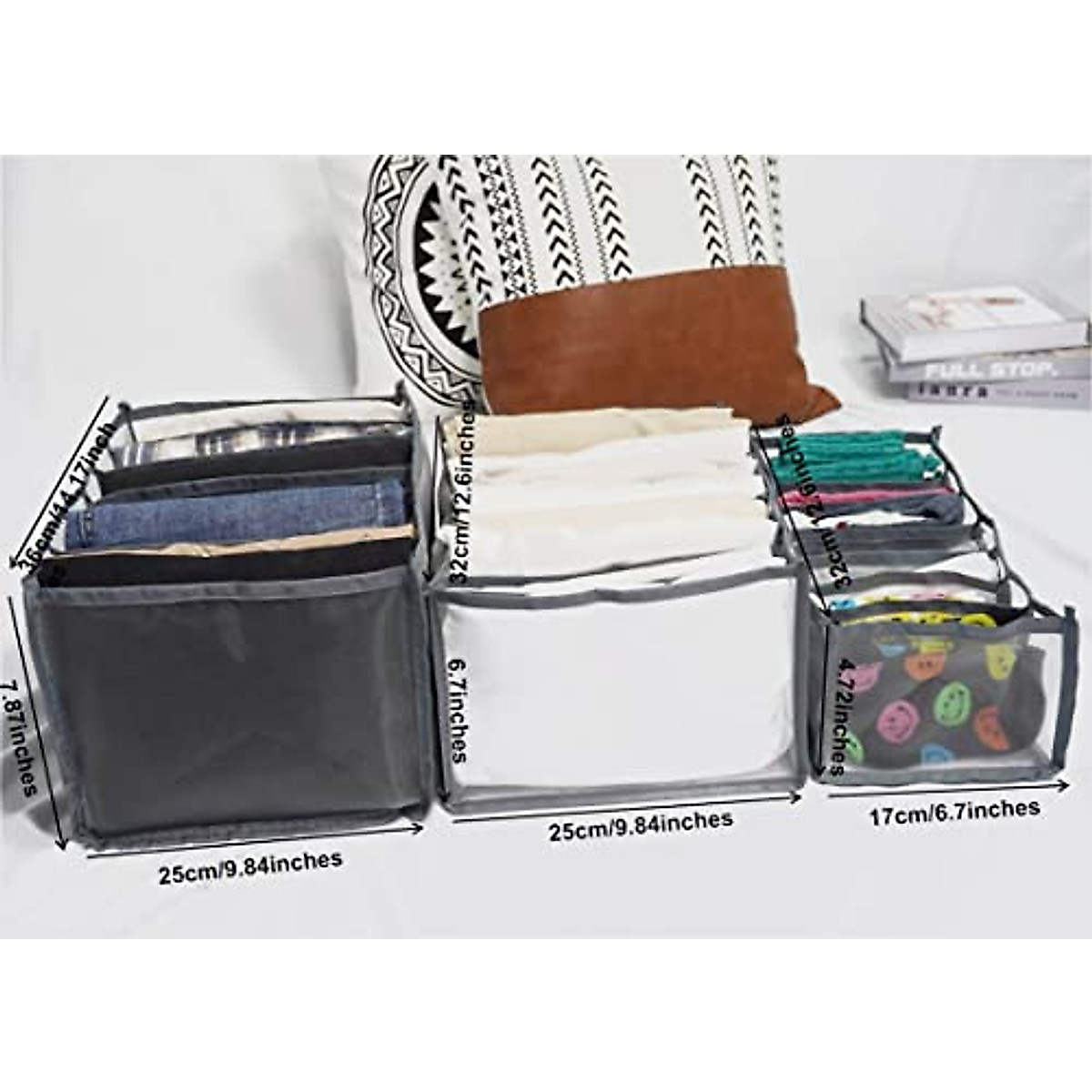S-SNAIL-OO 7 Grids Washable Wardrobe Clothes Organizer, 2PCS Foldable Visible Grid Storage Box with Multiple Layers, Storage Containers for Scarves, Leggings (Jeans Grid&Leggings Grid, 2Grey)