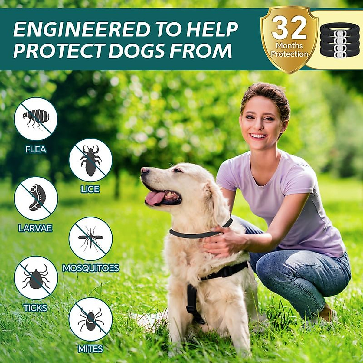 Woyamay Flea Collar for Dogs, 4 Pack Flea and Tick Collar for Dogs, 8-Month Dog Flea and Tick Treatment and Prevention, Waterproof Dog Flea Collar, Adjustable Dog Flea and Tick Collar, Black