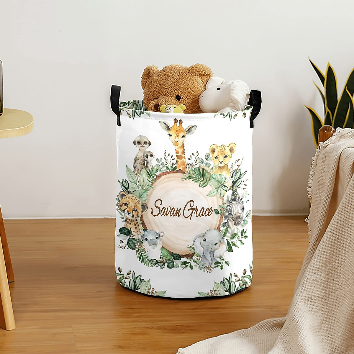 Safari Wild Animal Leaves Jungle Personalized Laundry Basket Clothes Hamper with Handles Waterproof,Custom Collapsible Laundry Storage Baskets for Bedroom,Bathroom Decorative Large Capacity
