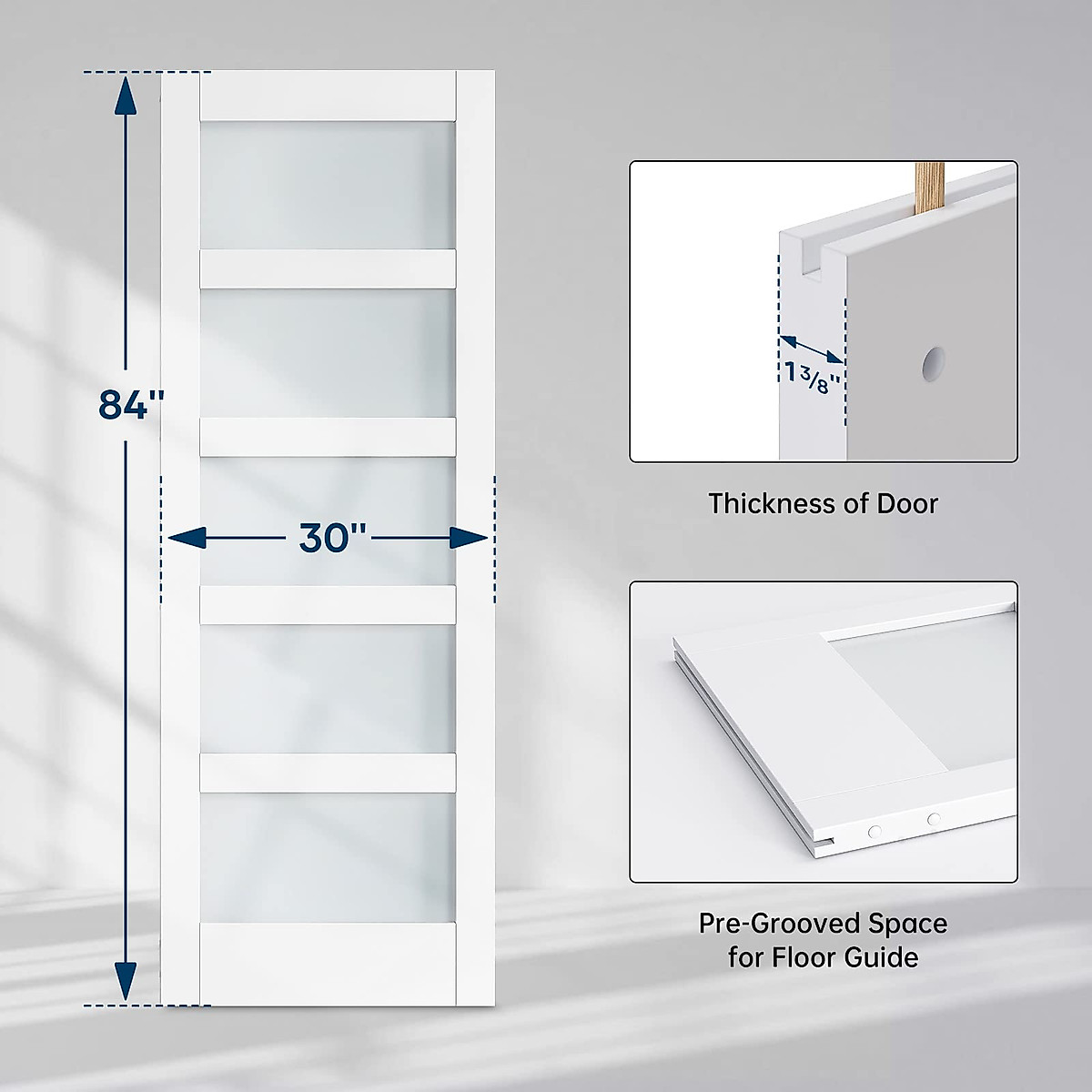 Finosen 30 in x 84 in Sliding Closet Door, 5-Lite Frosted Glass, LVL Wood Panel, PVC Surface, Assembly Needed Interior Doors for Bathroom, Living Room, White