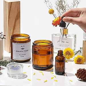 24 Pack, 8 OZ Thick Amber Round Glass Jars with Black Metal Lids - Empty Candle Making Jar, Food Storage Containers, Canning / Mason Jar For Spice, Powder, Liquid, Sample - Leakproof & Dishwasher Safe