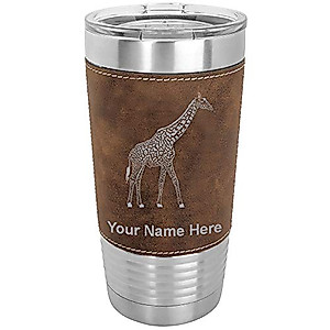 LaserGram 20oz Vacuum Insulated Tumbler Mug, Giraffe, Personalized Engraving Included (Faux Leather, Rustic)