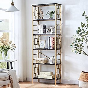 HOMISSUE Bookcase,6-Tier Tall Bookshelf Metal Bookcase and Bookshelves, Free Standing Storage Modern Bookshelf for Home Office Living Room and Bedroom, Black & Gold