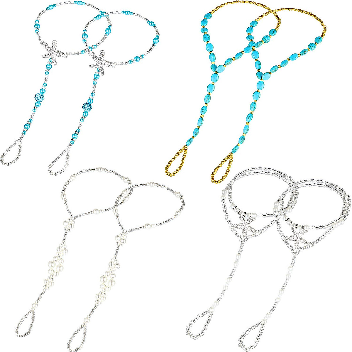 4 Pairs Beach Barefoot Sandals for Women Girls Foot Jewelry Starfish Pearls Turquoise Beaded Elastic