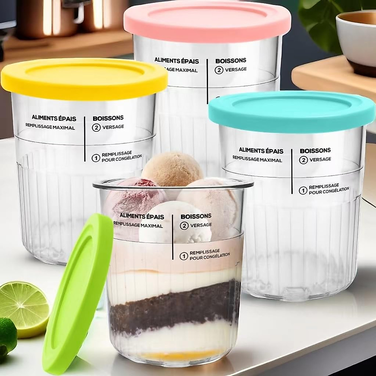 Ninja Creami Pints and Lids - 4 pack, Compatible with NC500 & NC501 Series, CREAMi Ice Cream Maker Cups, Ninja Creami Replacement Containers, BPA-Free & Dishwasher Safe (Yellow/Blue/Green/Pink)