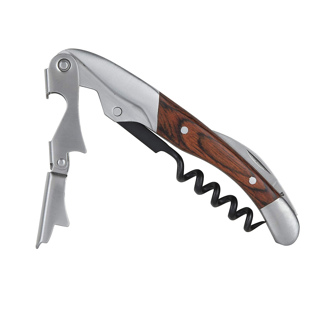 True Wood Handle Double Hinged Waiter’s Corkscrew, Stainless Steel Wine Key with Foil Cutter