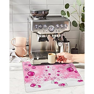 Coffee Mat for Counter, Pink Christmas Balls Xmas Tree Winter Snowflake Absorbent Hide Stain Coffee Bar Mat, Non-slip Coffee Bar Accessories Kitchen Drying Mat Fit Under Coffee Maker Espresso Machine
