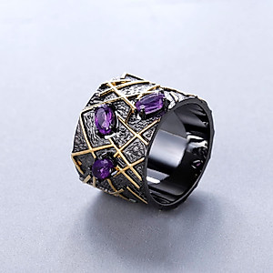 Gem's Beauty Gifts for Her Amethyst Rings Original Designer Silver Gemstone Black Rings Amethyst Women Rings Birthstone Handmade Jewelry Valentine's Day Gifts for Wife(Size 5)