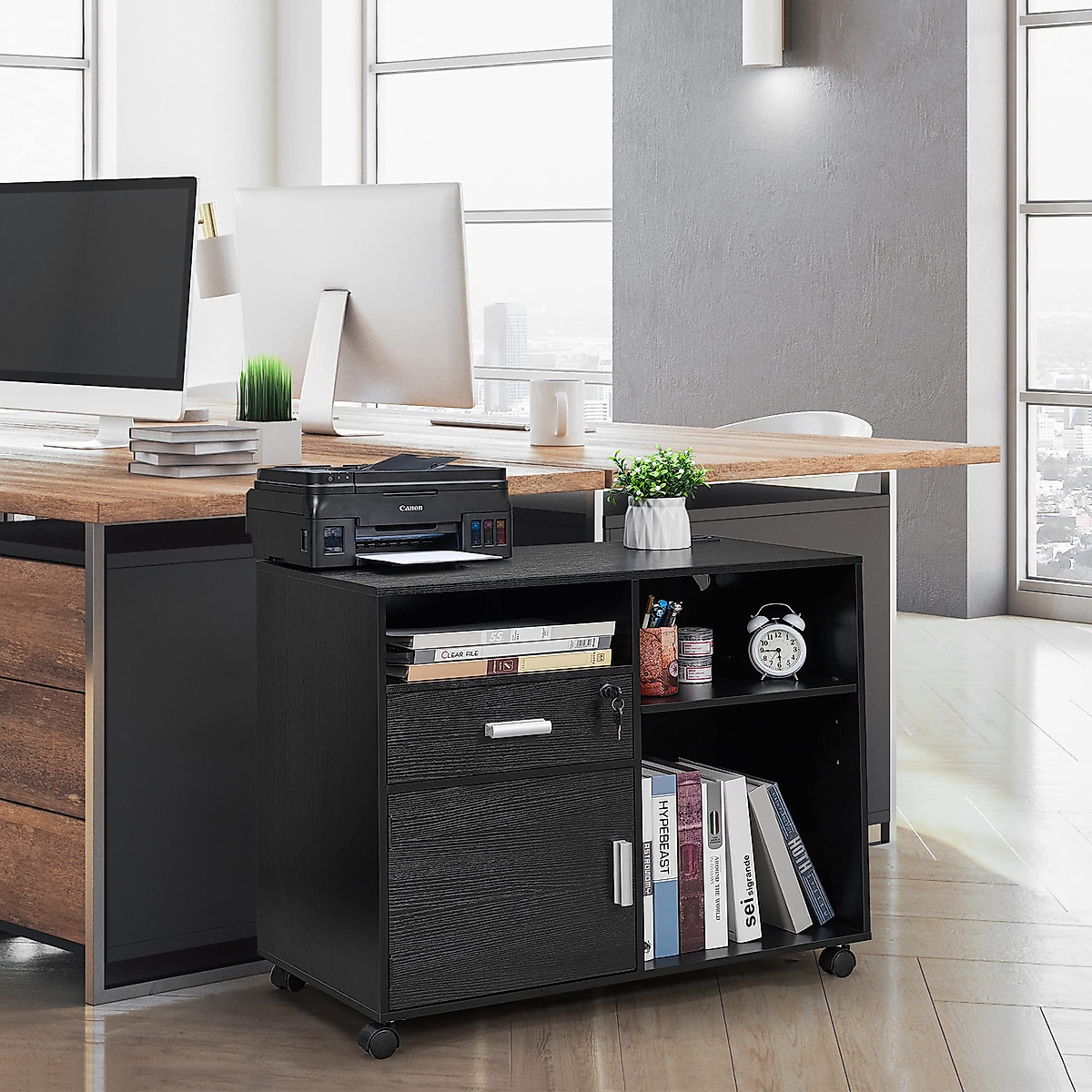 ANWBROAD Mobile File Cabinet with Charging Station & USB Ports, Rolling Printer Stand Filing Cabinets Lockable Storage Cabinet with Open Storage Shelves Drawers Home Office UBJG001H