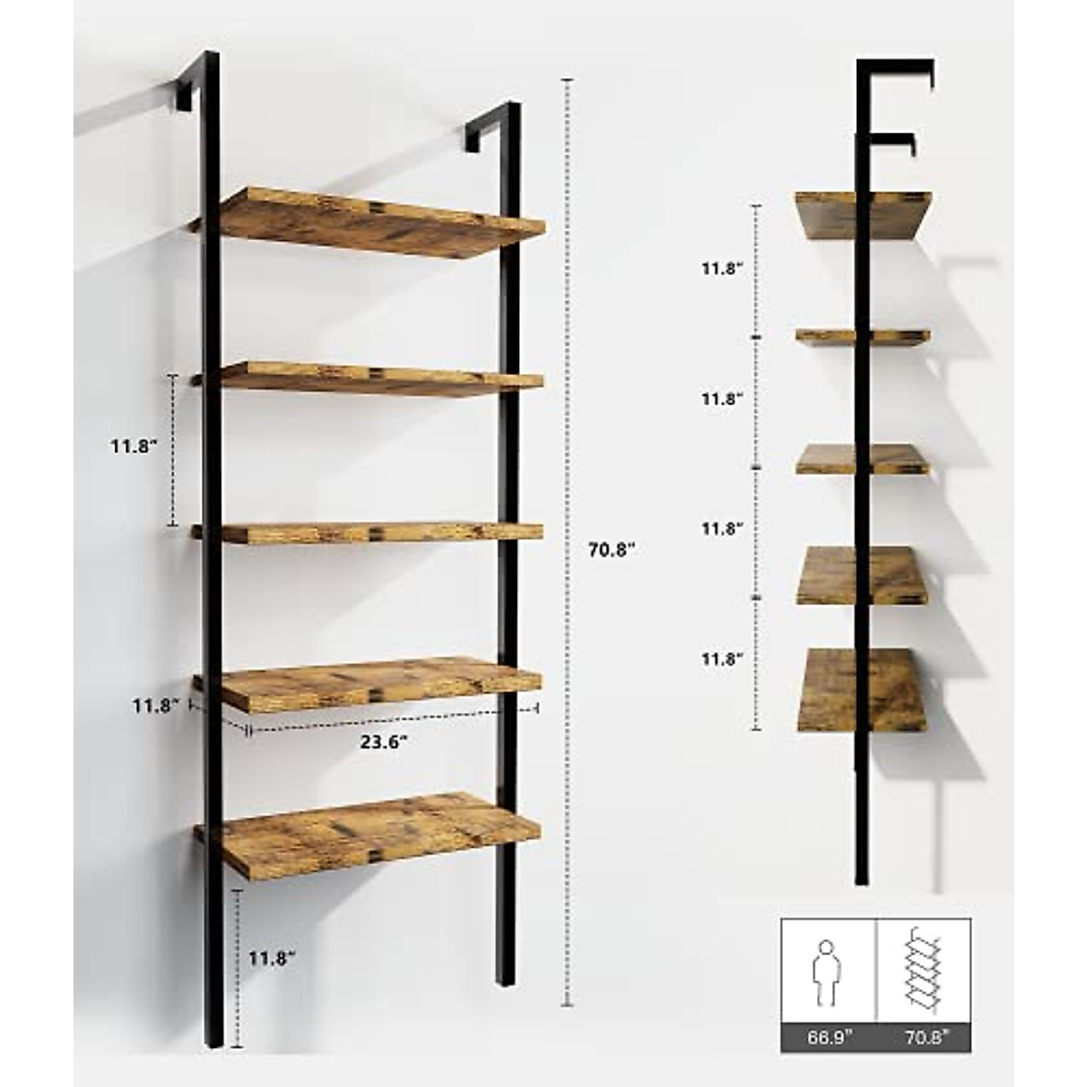 DKLGG 5-Tier Book Shelf Rack Against The Wall, Tall Ladder Shelf Wooden Bookcase Metal Frame Storage Plant and Flower, Single Standing Bookshelf Ladder ​for Living Room, Bedroom, Balcony, Home Office