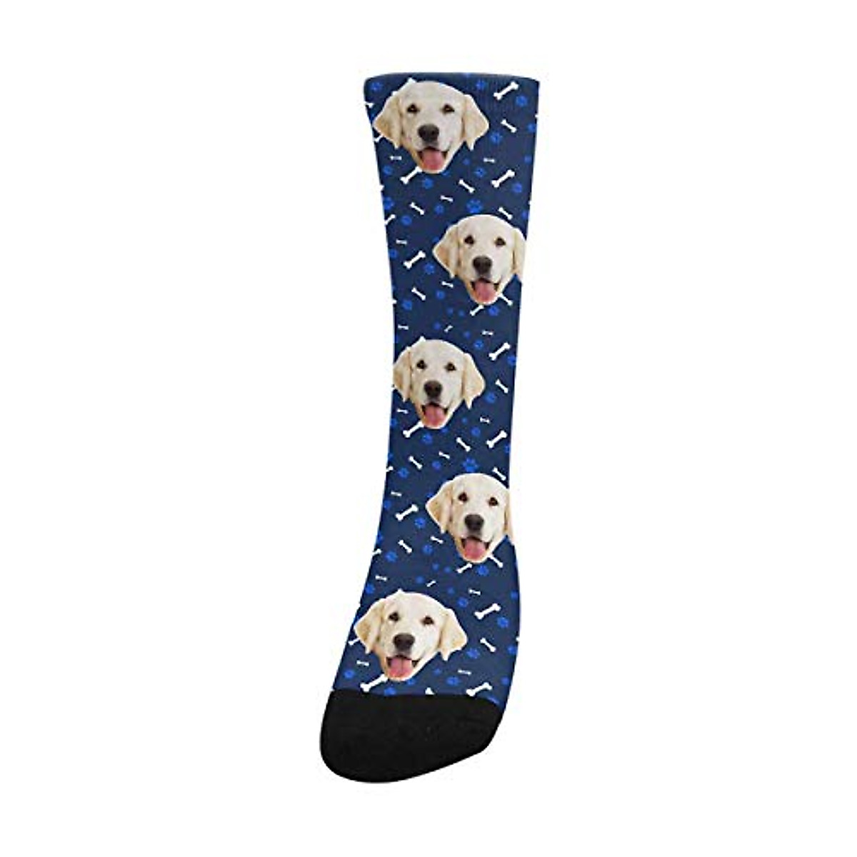 Custom Print Your Photo Pet Face Socks, Personalized Cat and Dog Tracks Paws Bones Navy Blue Crew Socks with Faces for Men Women