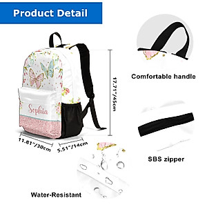 Personalized School Backpack,Floral Butterfly Pink Glitter Custom Casual 17 Inch Durable Bag for Girls Boys