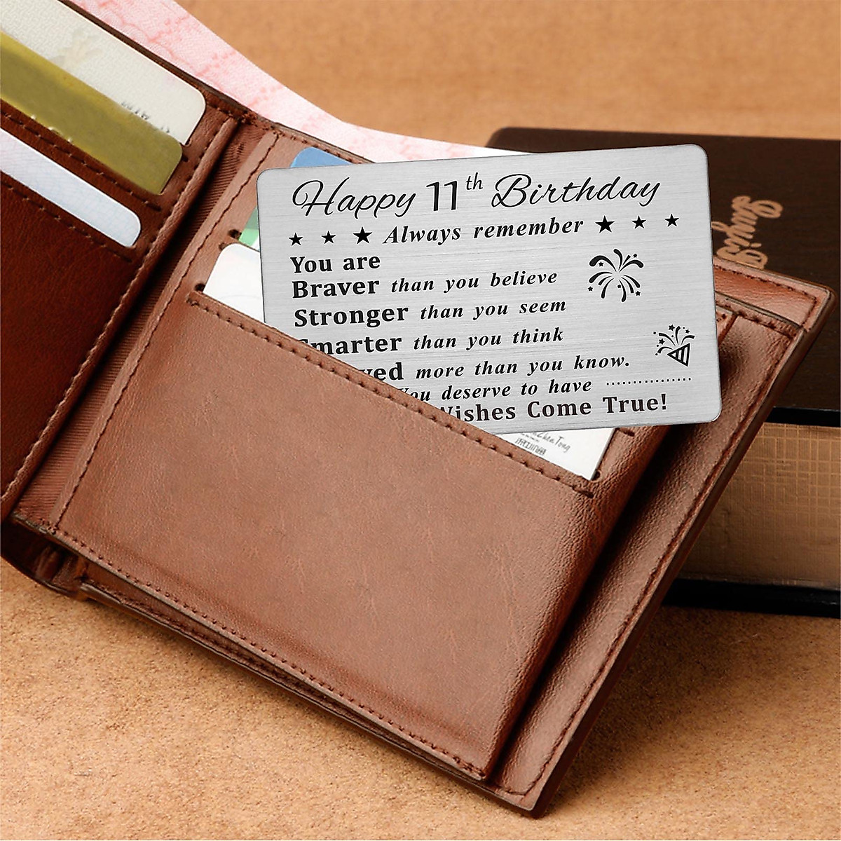 DEGASKEN Happy 11th Birthday Card, 11 Year Old Birthday Gifts for Boys Girls Teens, Permanent Engravend Steel Wallet Card