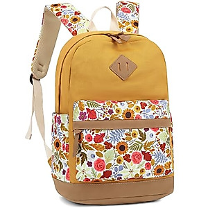 Leaper Girls Cute Floral Canvas Backpack Laptop Backpack Casual Shoulder Bag Satchel Daypack Sunflower Yellow