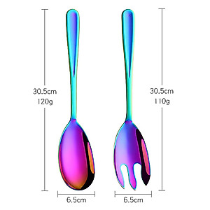 Salad Spoon and Fork Set，Stainless Steel Salad Serving Set，Durable&Elegant,for Salad, Gravies or Pasta, Gold/Brass Finish (2pcs, rainbow)
