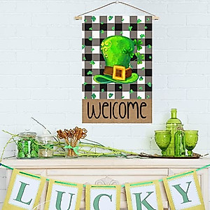 Surfapans Welcome St Patricks Day Garden Flag 12x18 Inch Double Sided Outside Burlap Buffalo Check Plaid Green Hat Shamrock Clover Small Outdoor Yard Flags Porch Home Farmhouse Decoration