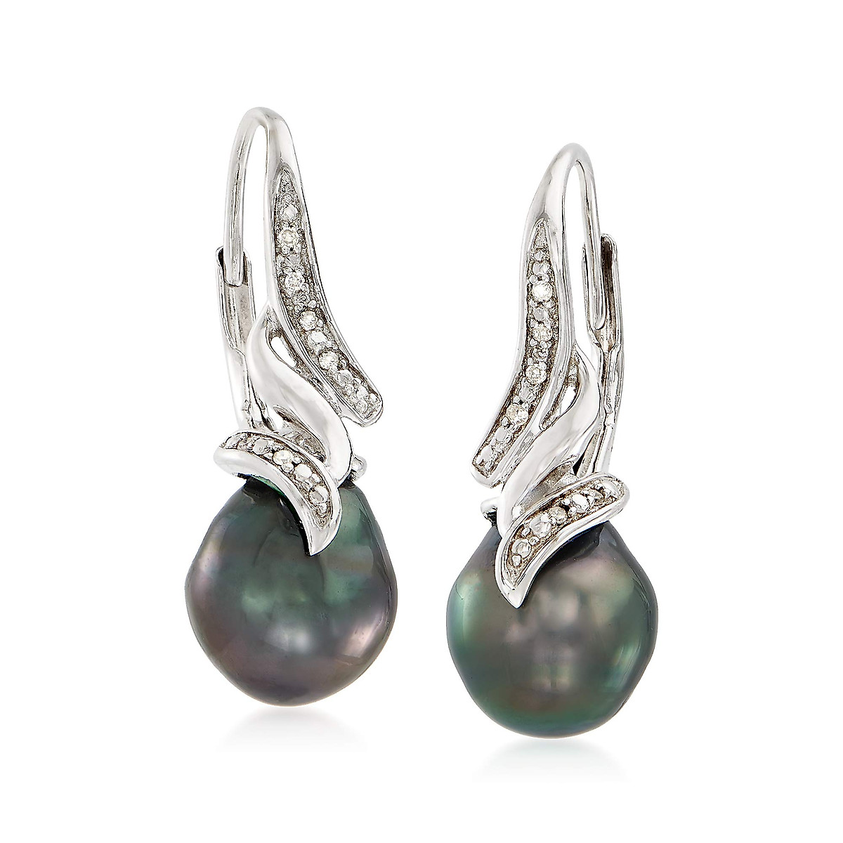 Ross-Simons 9-9.5mm Black Cultured Tahitian Pearl Drop Earrings With Diamond Accents in Sterling Silver