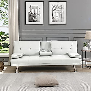 Verfur Button Tufted Convertible Futon Sofa, Foldable Reversible Loveseat Sleeper Couch w/Adjustable Backrest,Comfy Small Daybed Guest Bed Sofabed, White PU