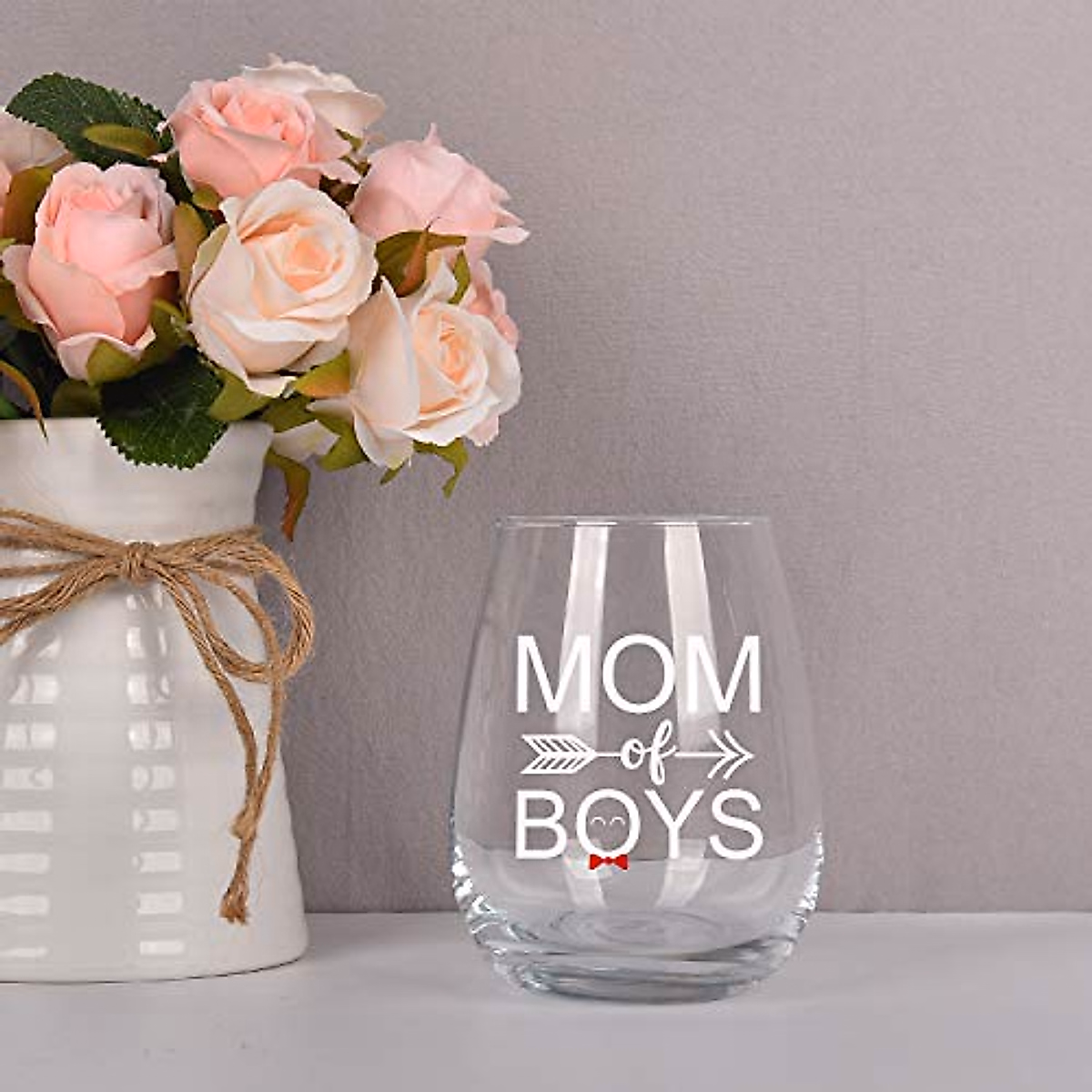 Mom of Boys Funny Stemless Wine Glass for Mom Mother Wife from Daughter Son Husband or Daily Use 15Oz