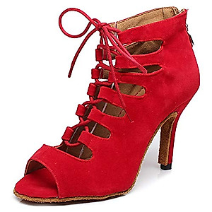 HROYL Women's Ballroom Latin Salsa Dance Shoes Lace-up Open-Toe Dance Boots,ZU-QJW6185,Red-5-2899-1#-41,US9
