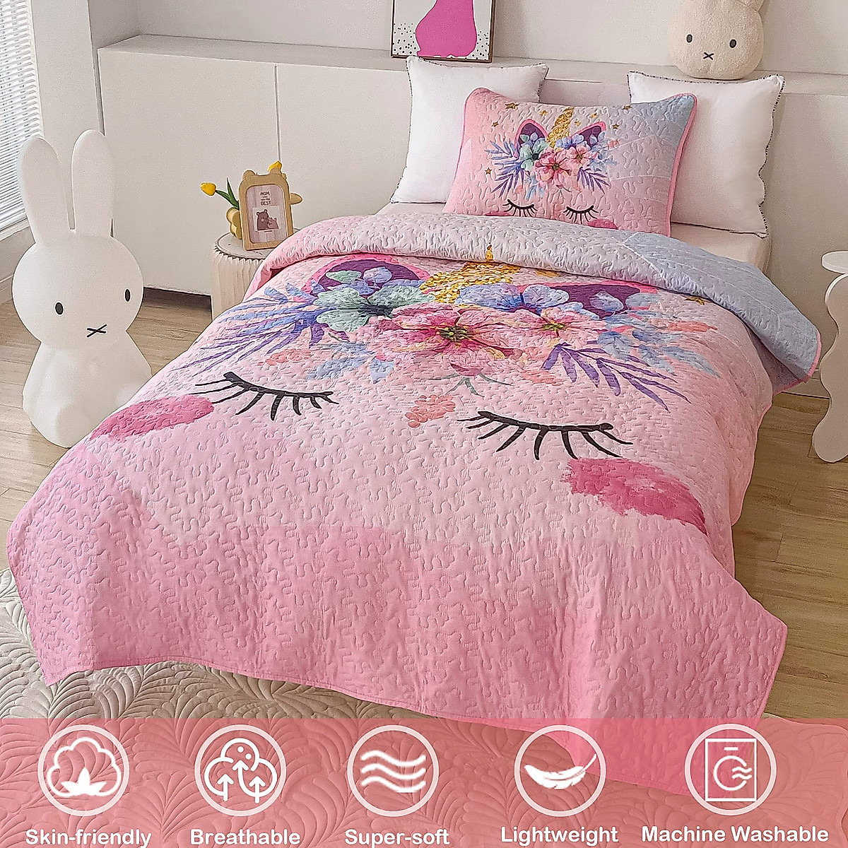 Twin Size Quilt Set for Girls 2-Piece Pink Unicorn Kids Comforter Bedding Set Stars Flowers Reversible Quilted Bedspread Coverlet Lightweight Bed Sheet Set Cover Throw Blanket with Pillow Sham