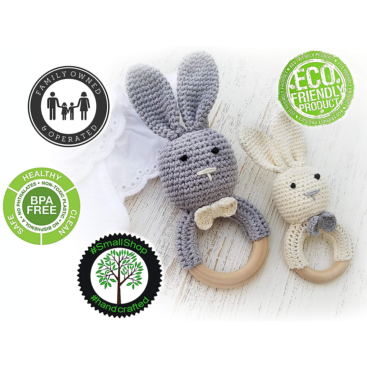 Natural Wooden Baby Toys Cotton Crochet Bunny Teething Ring Teether Rattle Set of 2 Newborn Unisex Baby (Grey Mama White Baby)