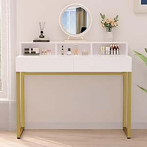 GreenForest Vanity Desk with 2 Drawers, White Makeup Desk with 3 Storage Spaces, 40 inch Small Desk with Gold Metal Legs, Modern Home Office Desk for Kids, Bedroom (No Mirror)