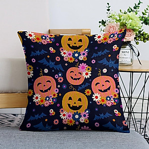 Halloween Pumpkins Flowers Pillow Covers 18x18 Colorful Autumn Pillowcase Set of 2 Linen Throw Pillow Covers Decorative Square Pillow Cases Standard Size for Home Couch Sofa Bed Pillow Protector