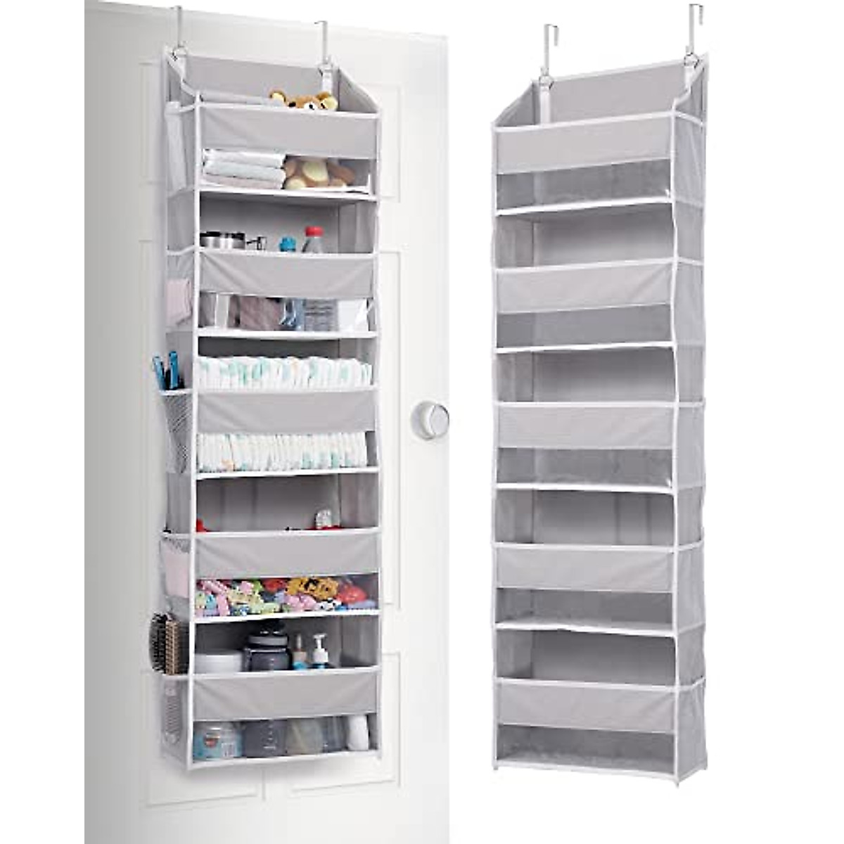 ULG 1 Pack Over Door Organizer with 5 Large Pockets 10 Mesh Side Pockets, 44 lbs Weight Capacity Hanging Storage Organizer with Clear Window for Kids Toys, Shoes, Diapers, Grey, 5 Layer