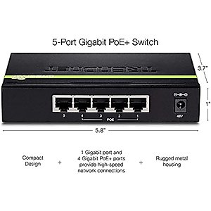 TRENDnet 5-Port Gigabit PoE+ Switch, 31 W PoE Budget, 10 Gbps Switching Capacity, Data & Power Through Ethernet to PoE Access Points and IP Cameras, Full & Half Duplex, Black, TPE-TG50g