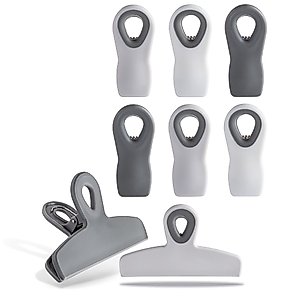 Cook with Color Set of Eight Bag Clips, 2 Large Heavy Duty Chip Clip and 6 Refrigerator Magnet Clips for Food Storage with Air Tight Seal Grip for Snack Bags and Food Bags (Grey Ombre)