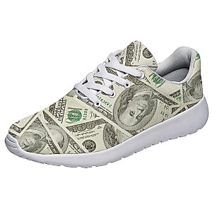 Sonzj-II Money Pattern Fashion Ultra Lightweight Running Sneakers Men Women 100 Dollar Bill Print Walking Tennis Shoes White Size 12