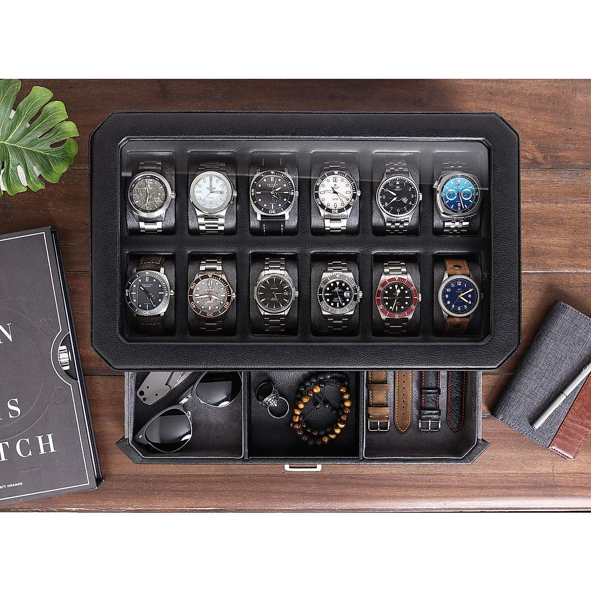 ROTHWELL 12 Slot Leather Watch Box with Valet Drawer - Luxury Watch and Jewelry Case Display Organizer, Microsuede liner, Mens Locking Watch Storage Holder Large Glass Top (Black/Grey)
