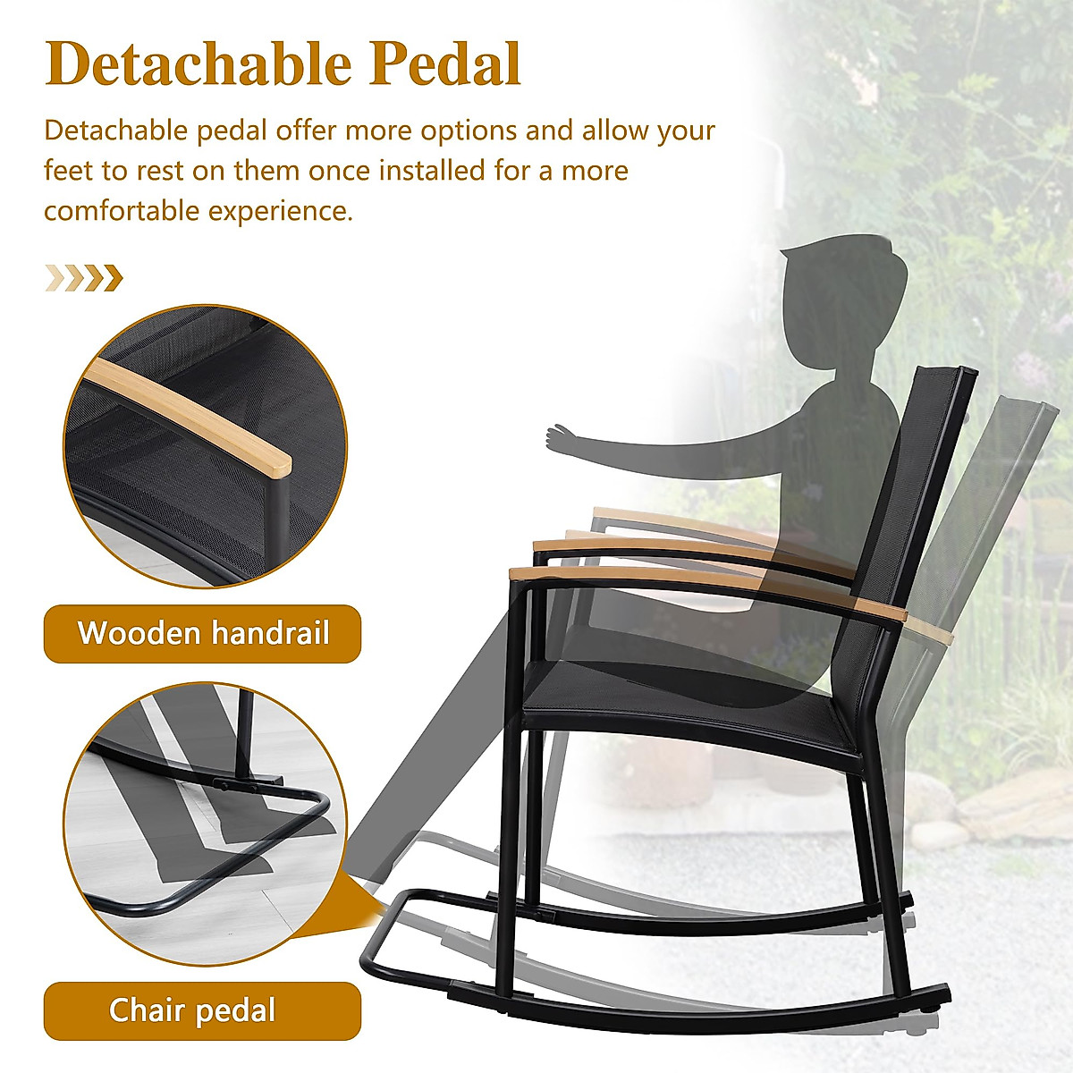 JAMFLY 3 Pieces Patio Set Outdoor Patio Furniture Sets, Modern Rocking Bistro Set Textilene Chair Conversation Sets with Detachable Pedal and Coffee Table (Black)