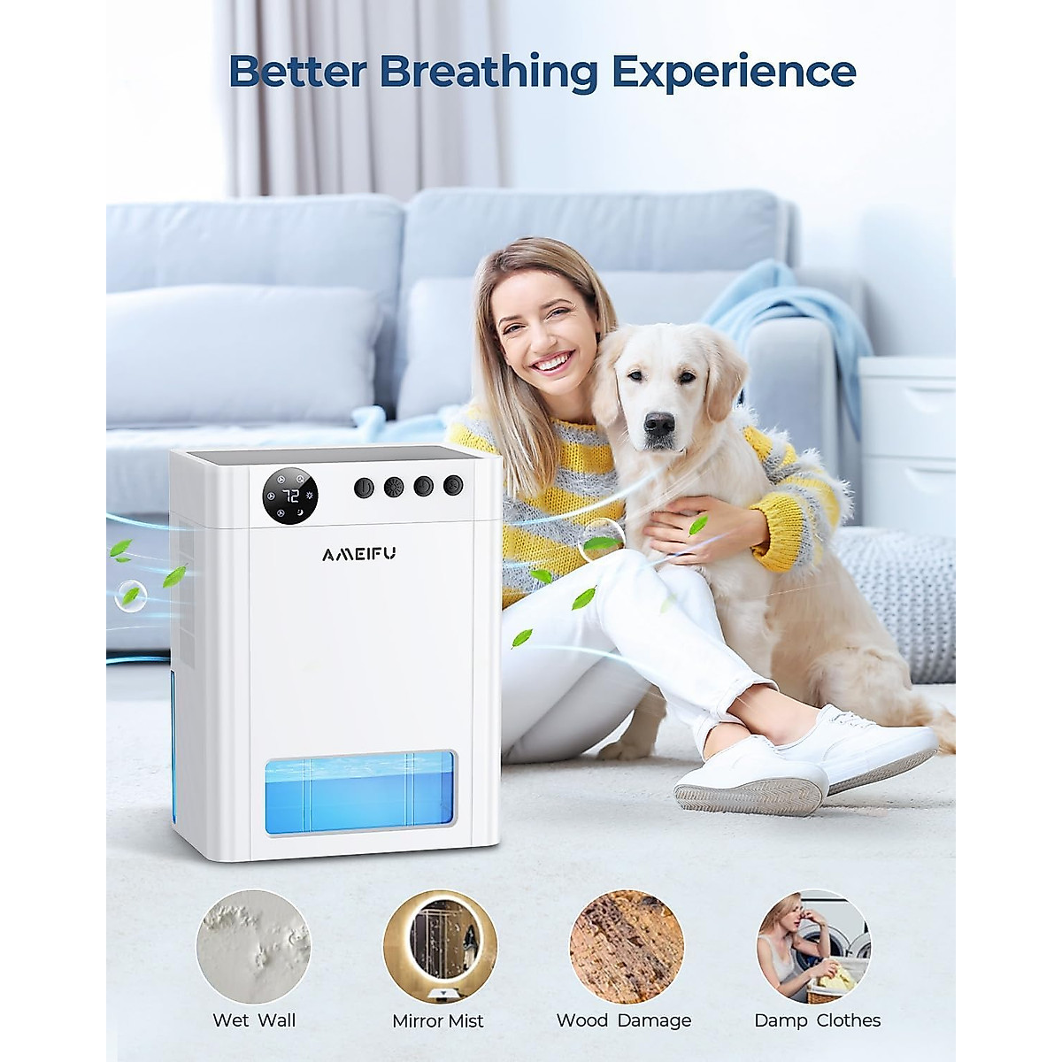 Dehumidifier, AMEIFU Dehumidifier for Basement, 135 OZ Water Tank, (900 sq.ft) Quiet Dehumidifier for Home Bedroom Bathroom RV Closet with Auto Shut Off, Sleep Mode, 7 Colors LED Light, White