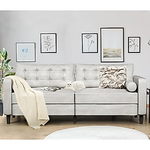 YODOLLA 84.2 Inch Faux Leather Sofa Couch with 2 Bolster, Large Mid Century Modern Couch with 2 Bolster Pillows 3 Seats Sofa Couch for Living Room, White