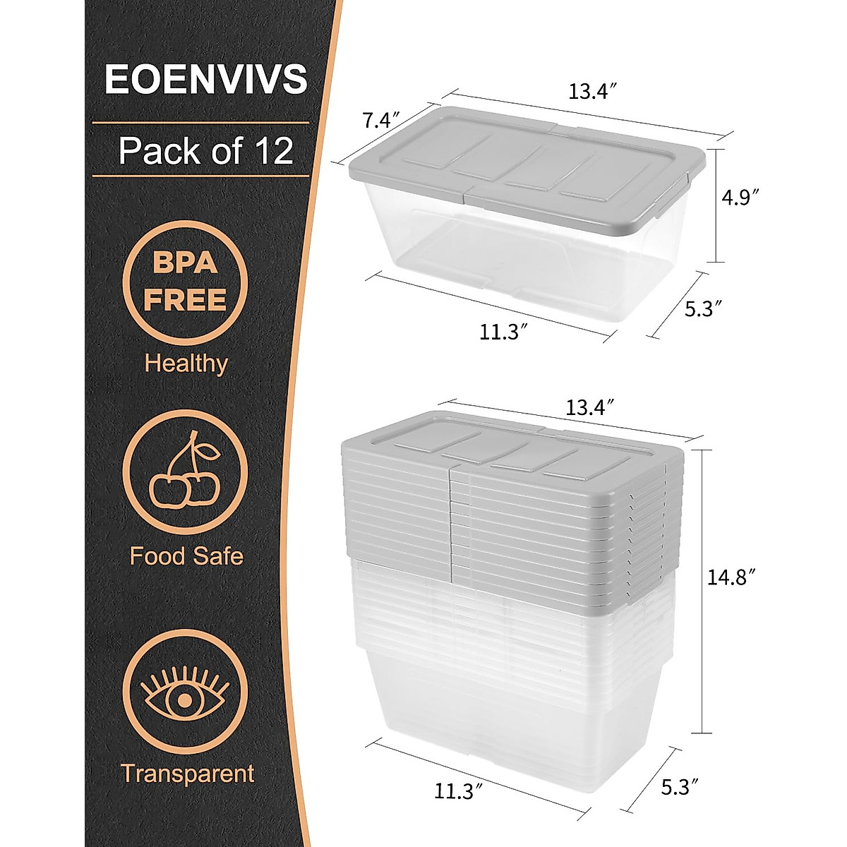 EOENVIVS Plastic Storage Container 12 Pack Plastic Storage Bins with Lids, Stackable Shoe Organizer Boxes Storage Baskets for Organizing Closet Organizers and Storage, Clear+Grey