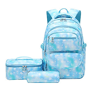 JiaYou School Backpack Sets 3pcs Stars Prints Daypack For Teens Girls Primary School Students(Blue Stars,22 Liters)