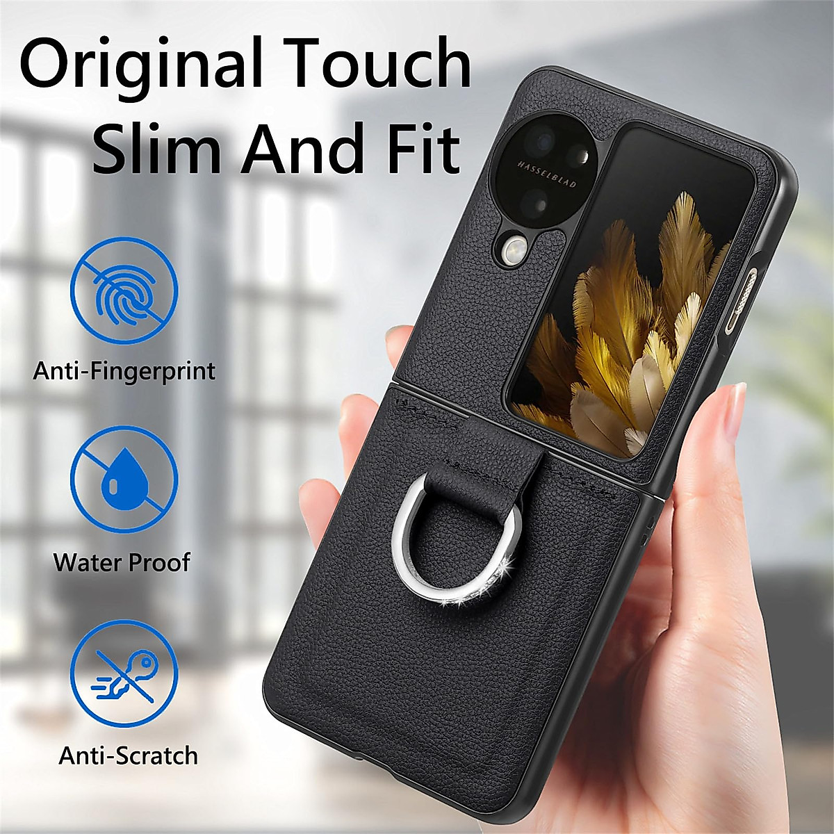 CCSmall Oppo Find N3 Flip Slim PU Leather Protective Cover Case with Ring, Black