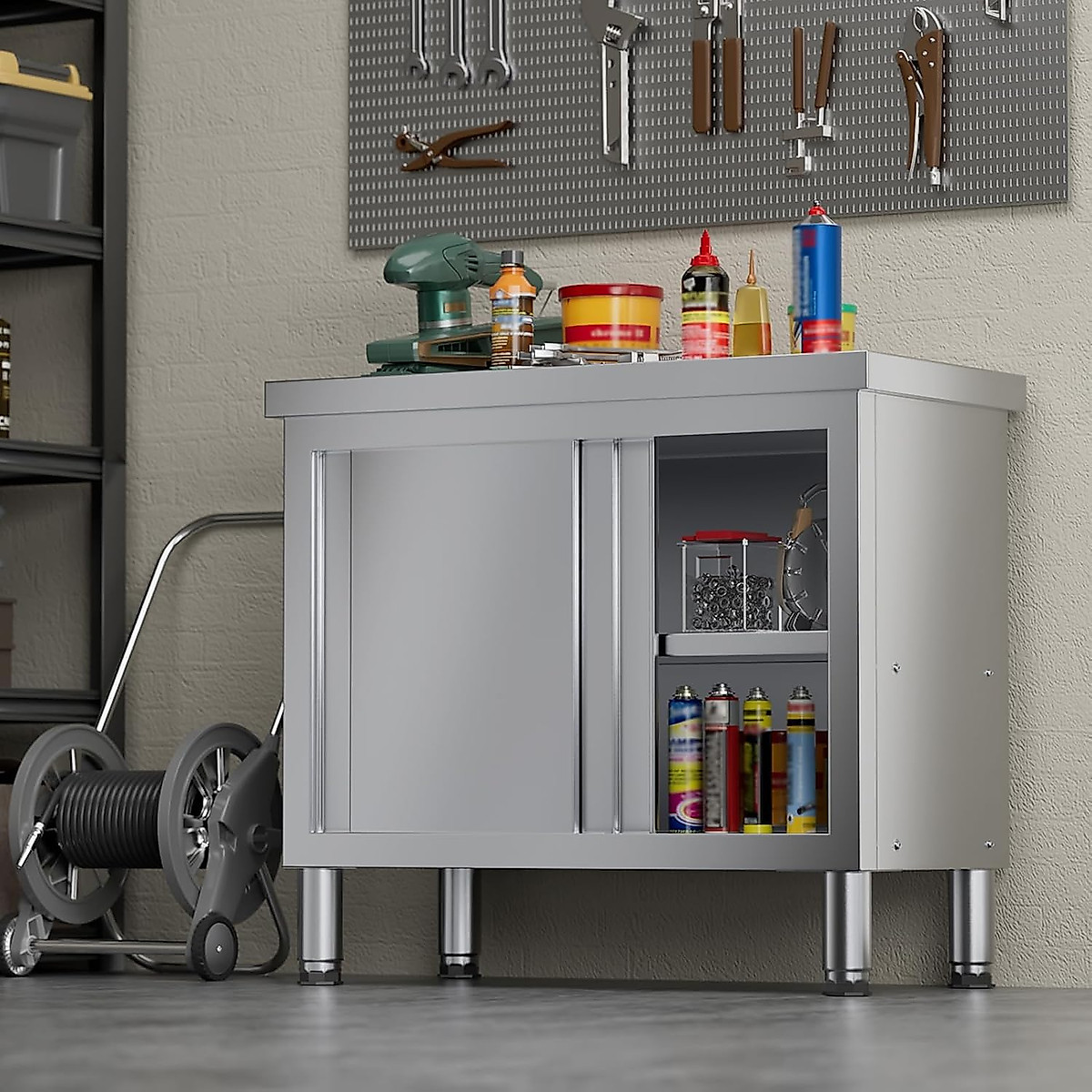 ZZV Stainless Steel Work Table Cabinet with 2 Sliding Doors, 39" x 19" Commercial Kitchen Work Table for Prep & Work, Heavy Duty Prep Table with 2-Layer Cabinet for Home, Restaurant, Garage, Warehouse